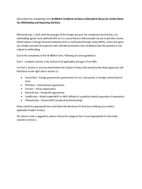 Fillable Online Information For Completing Form W 8ben E Certificate Of Fax Email Print