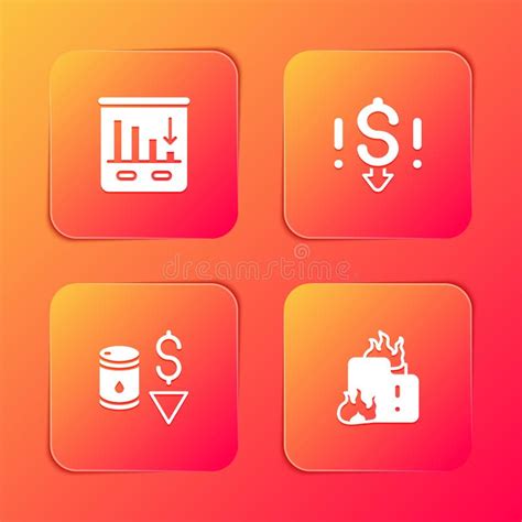Set Pie Chart Infographic Dollar Rate Decrease Drop Crude Oil Price And Fire Burning House