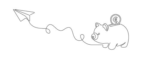 하나의 연속적인 선 그리기에 종이 비행기가 있는 돼지 저금통 단순한 선형 스타일의 스타트업 사업 아이디어 개념 편집 가능한 획 낙서 벡터 그림 한붓그리기에 대한 스톡 벡터