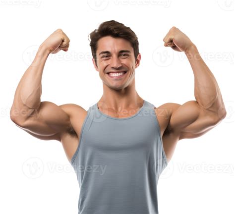 Smiling Male Athlete Flexing Muscle Sport Empowered And Strong