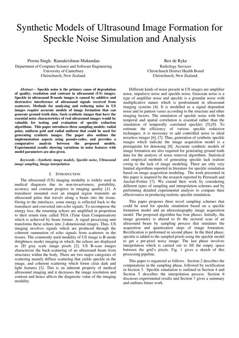 Pdf Synthetic Models Of Ultrasound Image Formation For Speckle Noise Simulation And Analysis