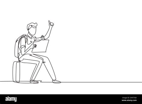 Single One Line Drawing Man With Backpacks Sitting Near Road And