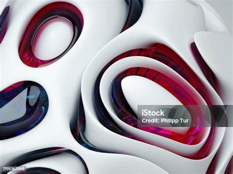 분홍색과 파란색 아크릴 색상으로 그려진 유리 광택 부분과 흰색 매트 플라스틱 소재의 구형 유기 곡선 둥근 물결 모양의 부드럽고