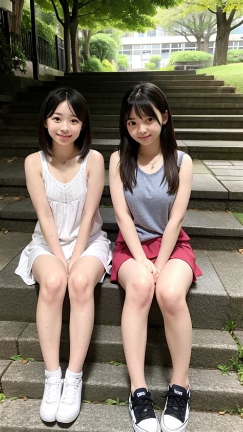 Two Innocent Japanese Girls、wearing Summer Clothes Such As A Mini Skirt