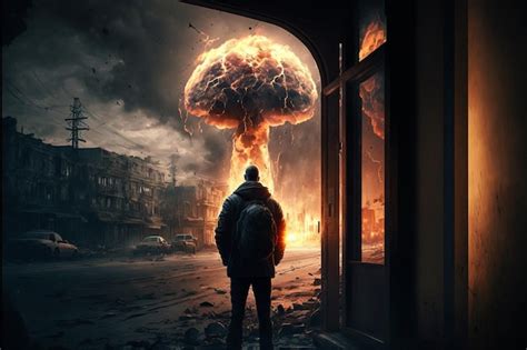 Premium Ai Image A Man Stands In Front Of A Burning Building With A