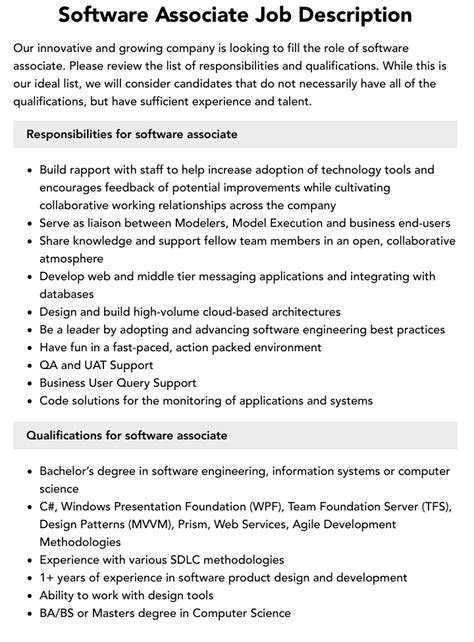 Software Associate Job Description Velvet Jobs