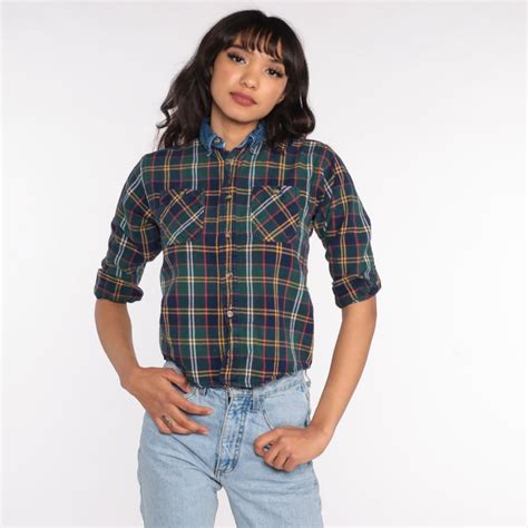90s Plaid Shirt 2xs Denim Collar Flannel Shirt Blue Green Grunge Button