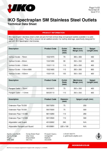 Technical Data Sheet Tds Iko Spectraplan Stainless Steel Outlets