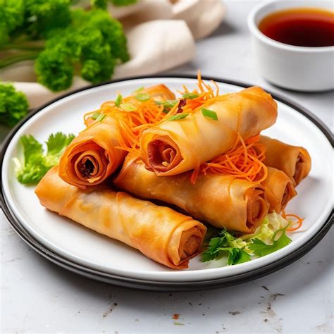 Premium Ai Image Fried Vegetable Spring Rolls With Sweet Chili And Sauce On Wooden Dish White