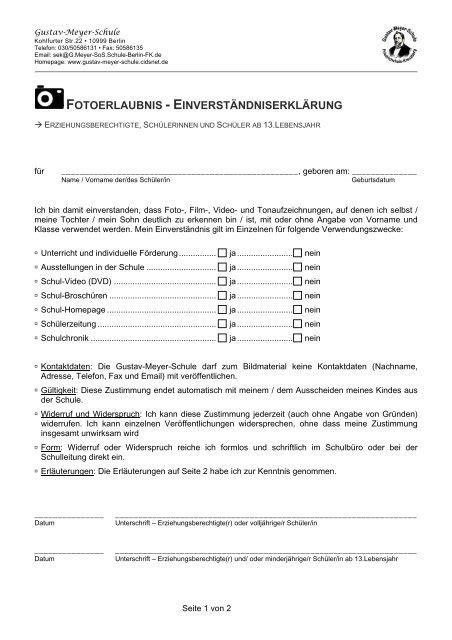 Fotoerlaubnis Einverständniserklärung Gustav Meyer Schule Berlin