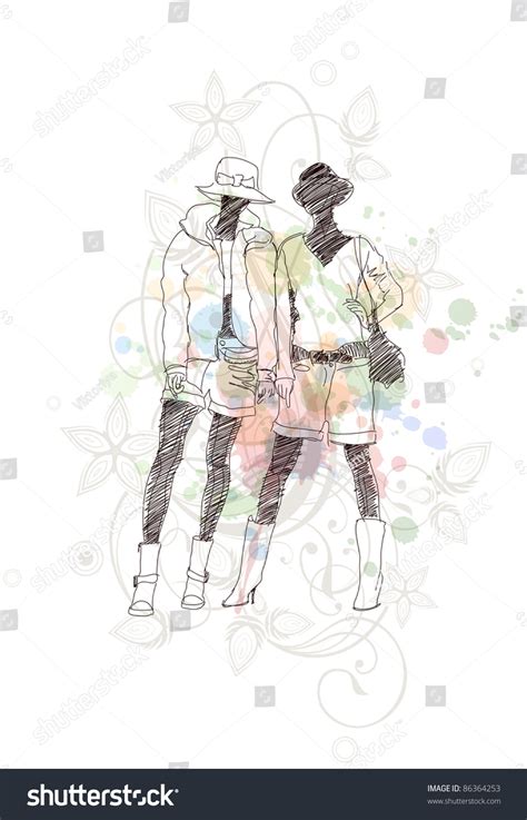 Vector Sketch Two Fashion Girls Bitmap стоковая иллюстрация 86364253