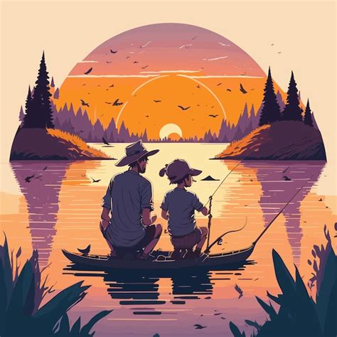 Premium Vector A Dad Fishing With His Son In A River With A Sunset