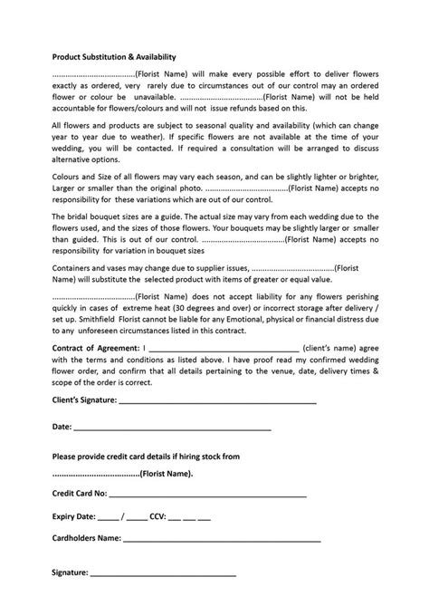 Wedding Floral Contract Template Venue Florist Arrangement Agreement