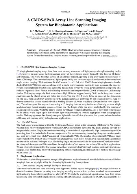 Pdf A Cmos Spad Array Line Scanning Imaging System For Biophotonic Applications
