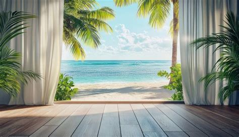 View To Beautiful Beach Scenery With Palm Trees Through Open Window