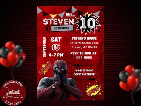 Deadpool Birthday Invitation Omg Deadpool Printable Invitation