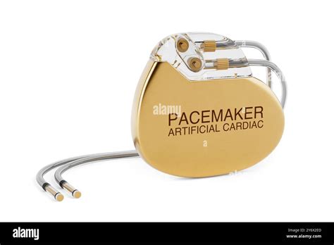 Golden Implantable Artificial Cardiac Pacemaker Device On A White Background 3d Rendering Stock