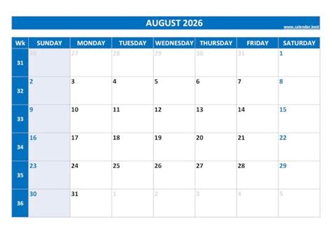 Week 31 2026 Dates Calendar And Weekly Schedule To Print
