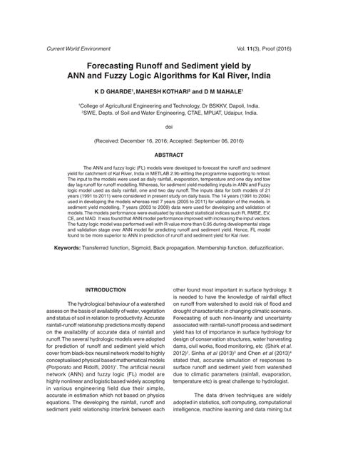 Pdf Forecasting Runoff And Sediment Yield By Ann And Fuzzy Logic Algorithms For Kal River India