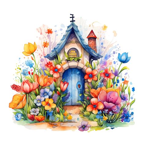 Hermosa Casita Entre Flores Acuarela Vector Premium