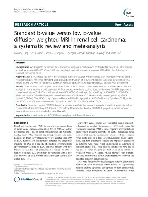Pdf Standard B Value Versus Low B Value Diffusion Weighted Mri In Renal Cell Carcinoma A