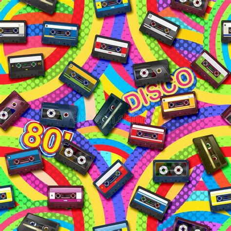 Seamless Pattern With Small Compact Cassettes On A Colorful Abstract Background With The