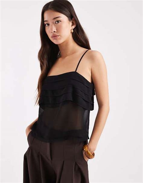 Asos Design Sheer Detail Cami Top In Black Asos