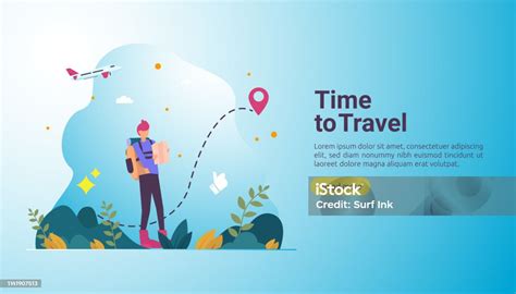 배낭 여행 모험 개념입니다 자연 테마의 야외 휴가 휴양 하이킹 등산 및 트레킹의 인물 캐릭터 랜딩 페이지 배너 포스터 광고 또는 인쇄 미디어 용 템플릿 여행 개념에 대한