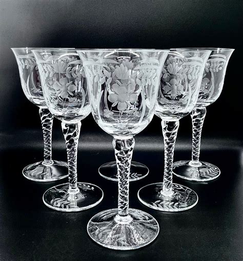 Antique Etched Wine Glasses 6 Vintage White Wine Glasses With Spiral