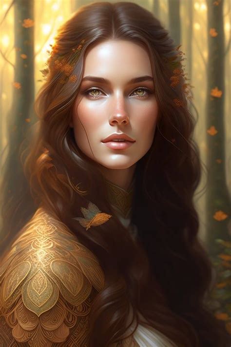 A Painting Of A Woman With Long Hair In A Forest Wearing A Golden Dress