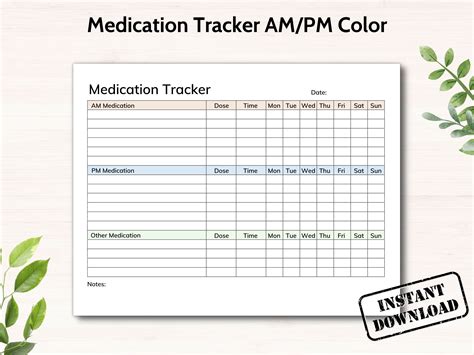 Medication Tracker Printable Daily Medication Log Weekly Medicine Tracker Supplement Vitamin