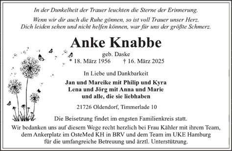Anke Knabbe Traueranzeige Stader Tageblatt