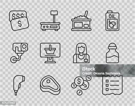 라인 스캐너 스캐닝 바코드 쇼핑 목록 캐비어 주석 스테이크 고기 새 가격표 달러 컴퓨터 카트 동전 돈 및 향신료 아이콘을