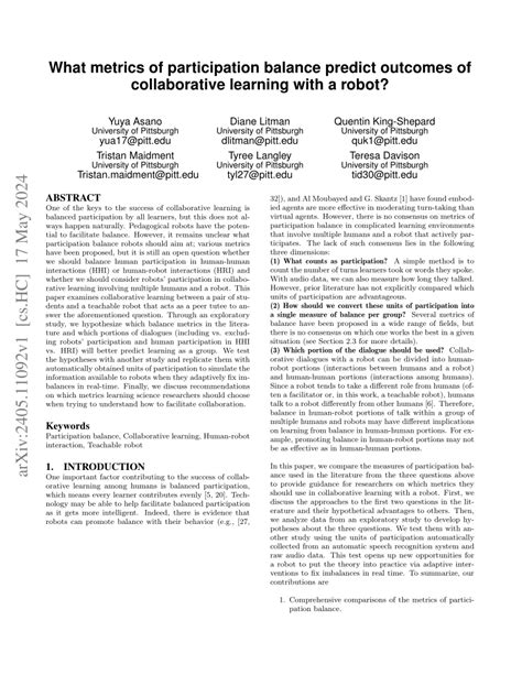 Pdf What Metrics Of Participation Balance Predict Outcomes Of Collaborative Learning With A Robot