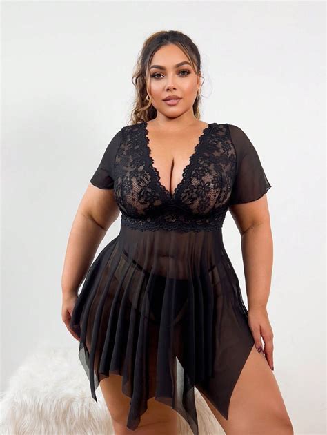 Classic Sexy Plus Contrast Lace Mesh Dress With Thong Shein Usa