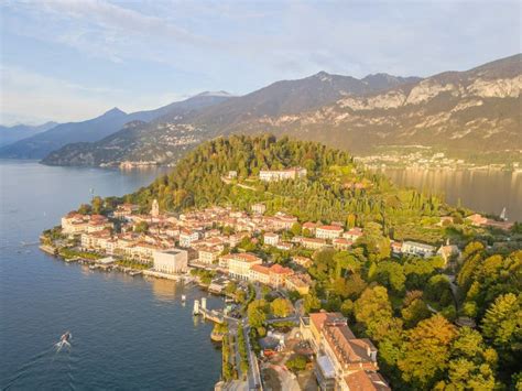 Aerial Landscape Of Bellagio Villa And Lago Di Como Lake In Italian