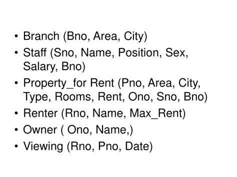 Ppt Branch Bno Area City Staff Sno Name Position Sex Salary