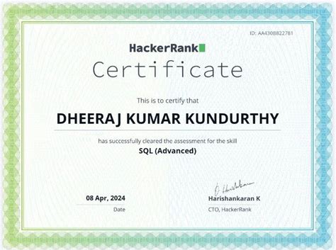 i earned a sql certificate on hackerrank dheeraj kundurthy posted on the topic linkedin