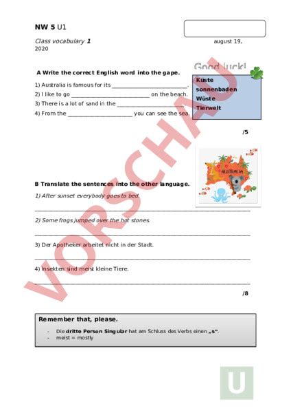 Arbeitsblatt Nw5 U1a Englisch Wortschatz