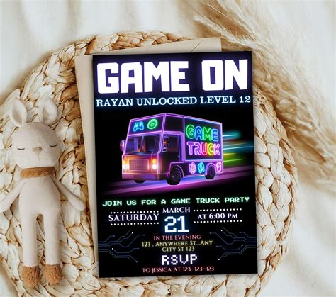 Video Game Truck Birthday Party Invitation Template Neon Gamer Truck