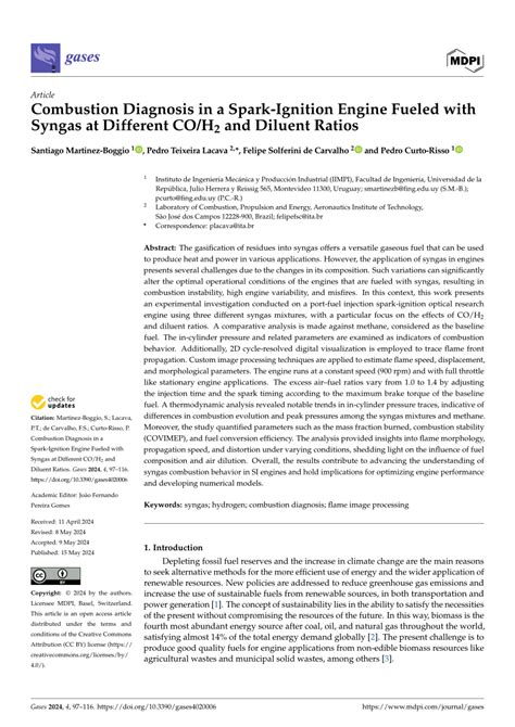 Pdf Combustion Diagnosis In A Spark Ignition Engine Fueled With Syngas At Different Coh2 And