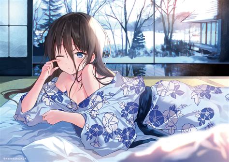 1200444 Dark Hair Hanekoto Towel Fruit Digital Art 2d Artwork