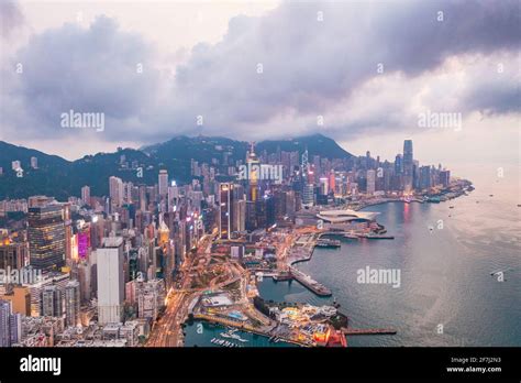 Epic Aerial View Of Night Scene Of Victoria Harbour Hong Kong In