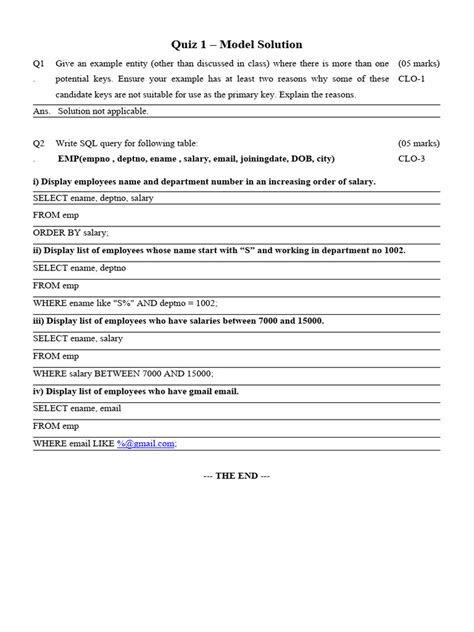 Database Systems Quiz 1 Solution Pdf