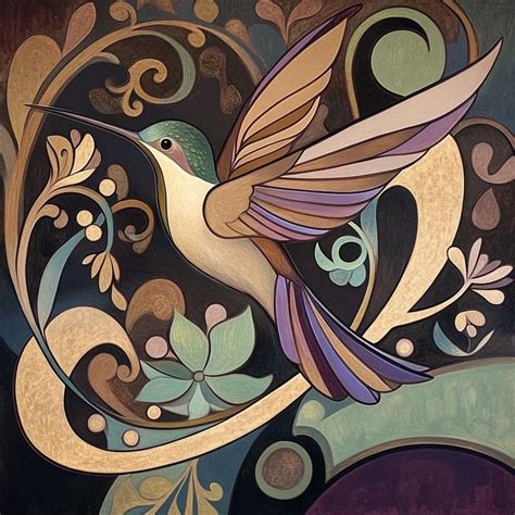 Art Deco Hummingbird Art Nouveau Bird Drawing