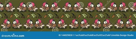Cute Hedgehog With Fly Agaric Cartoon Seamless Vector Border Hand Drawn Forest Foliage Tile