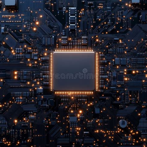 Illuminated Microchip Central Processor Glowing Circuitry Dark Circuit