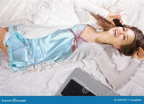 Happy Woman Lying On The Bed Stock Image Image Of Attractive Lying
