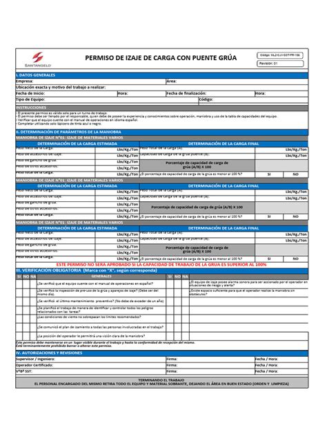 Permiso De Izaje De Carga Con Puente Grúa Descargar Gratis Pdf Grúa