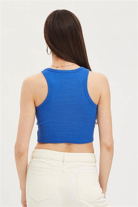 Womens Blue Tank Top Sleeveless Crew Neck Ally Fashion
